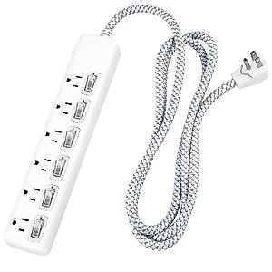 Power Strip Extension Cord 6 Ft, 6 Rotating Outlets & 4 USB Charging Ports, 1875W, 1020 J, Flat Plug Wall Mount Surge Protector Strips for Home, Office, White