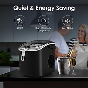 FREE VILLAGE Countertop Ice Maker, Portable Ice Maker w/Handle, 6 Mins 9 Pcs Ice, 26 lbs Ice/24Hrs, Self-Cleaning, w/Ice Bags, Scoop & Basket, Ice Machine for Home/Kitchen/Office/Party, Black
