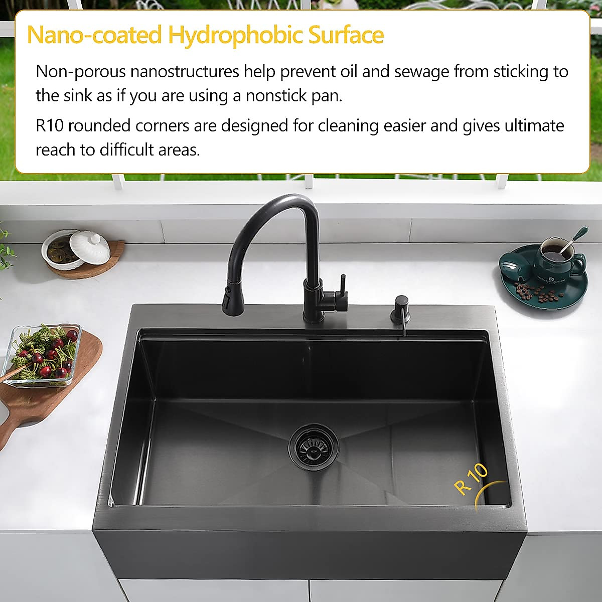 33 Inch Black Drop in Farmhouse Sink, Luckyhorse 33x22x10 Inch 16 Gauge Black Stainless Steel Topmount Workstation Apron Front Kitchen Sink with Accessories LH010S