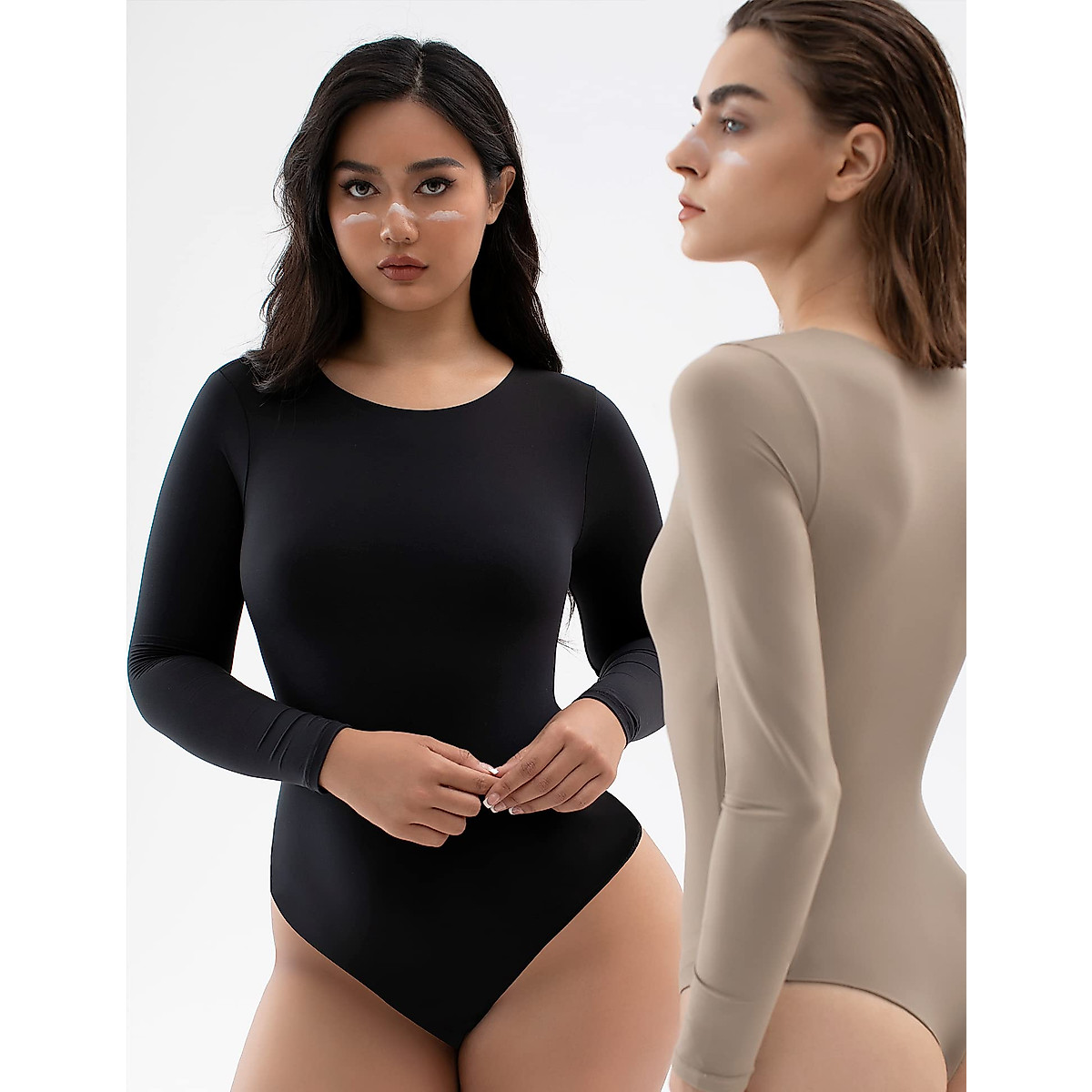 PUMIEY Long Sleeve Bodysuit For Women Sexy Crew Neck Tops Body Suits Womens Dupes Bodysuits Jet Black X-Large