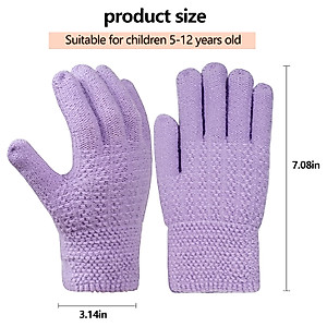 Winter Gloves for Boys Girls - Kids Warm Knit Thermal Cable Knitted Gloves Purple Wool Fleece Lined Mittens for Cold Weather