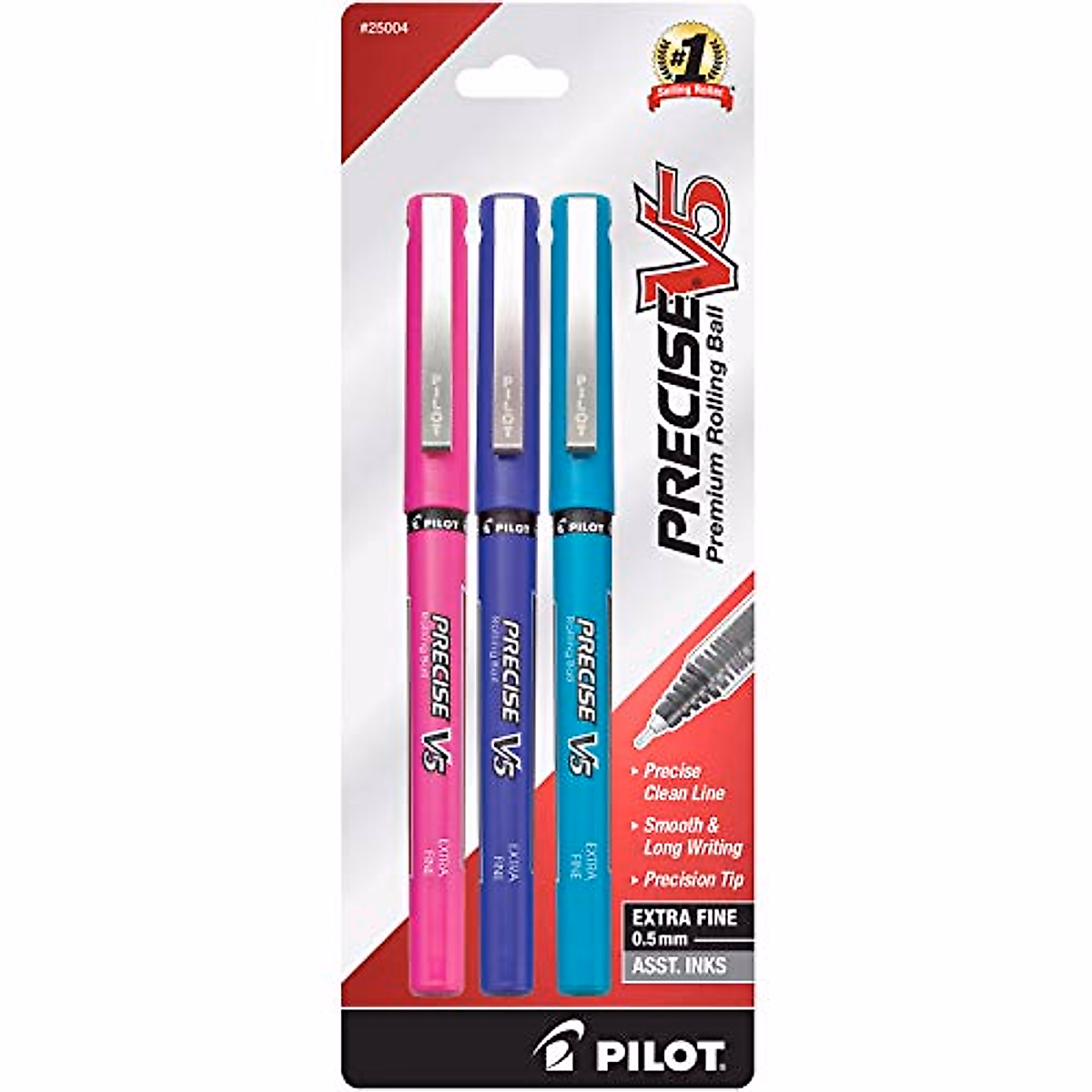 PILOT Precise V5 Stick Liquid Ink Rolling Ball Stick Pens, Extra Fine Point (0.5mm) Pink/Purple/Turquoise Inks, 3-Pack (25004)