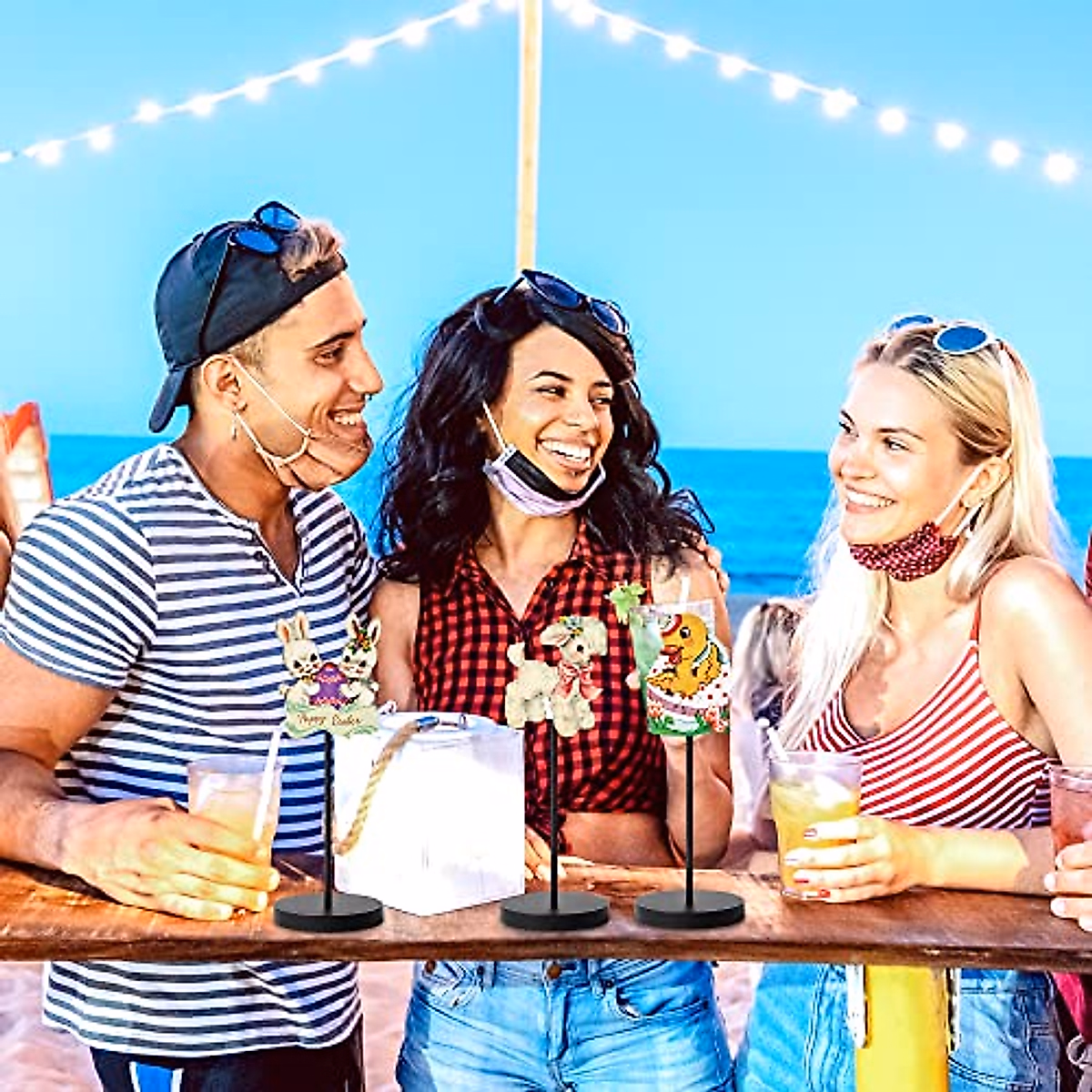 3Pcs Summer Hawaii Beach Wooden Table Decoration, Old Victorian Style Summer Bunny Table Centerpiece Tiered Tray Decorations, Traditional Summer Tabletop Decor Summer Gift Summer Holiday Party