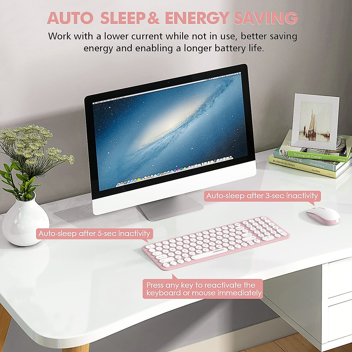 Wireless Keyboard and Mouse Combo, XTREMTEC Cute Compact Keyboard Pink Retro Round Keycap, Ultra Thin Quiet 2.4GHz Retro Kawaii Keyboard for Mac/PC/Laptop (Sakura Pink)