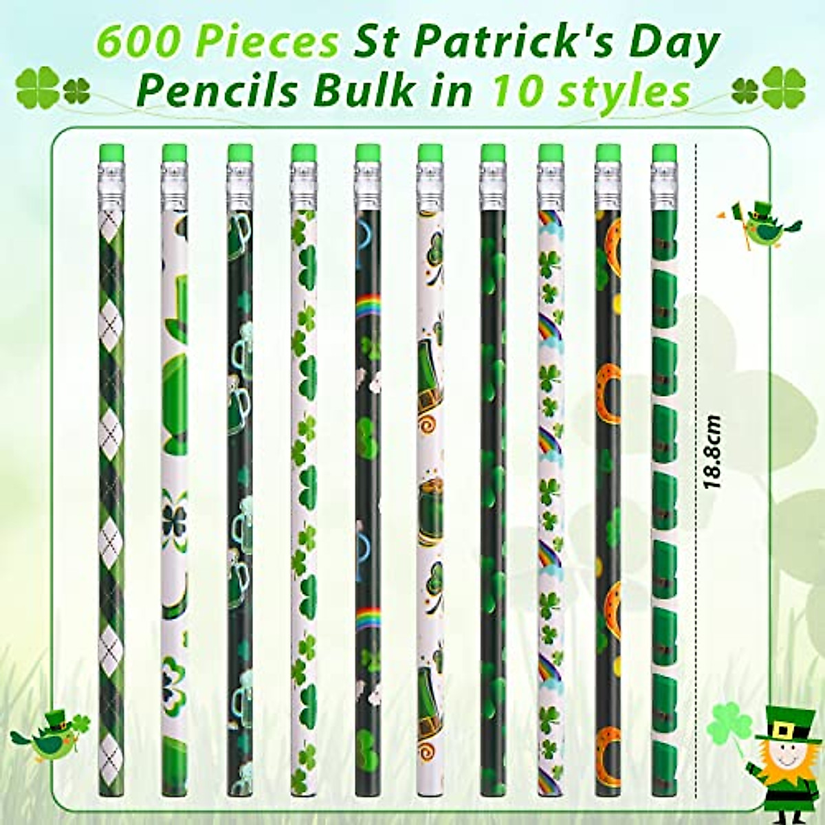 Zubebe 600 Pieces St Patrick's Day Pencils with Eraser Wood Shamrock Pencils Lucky Shamrock School Pencils Green Pencils for St Patrick's Day Party Kids Awards Holiday School Supplies