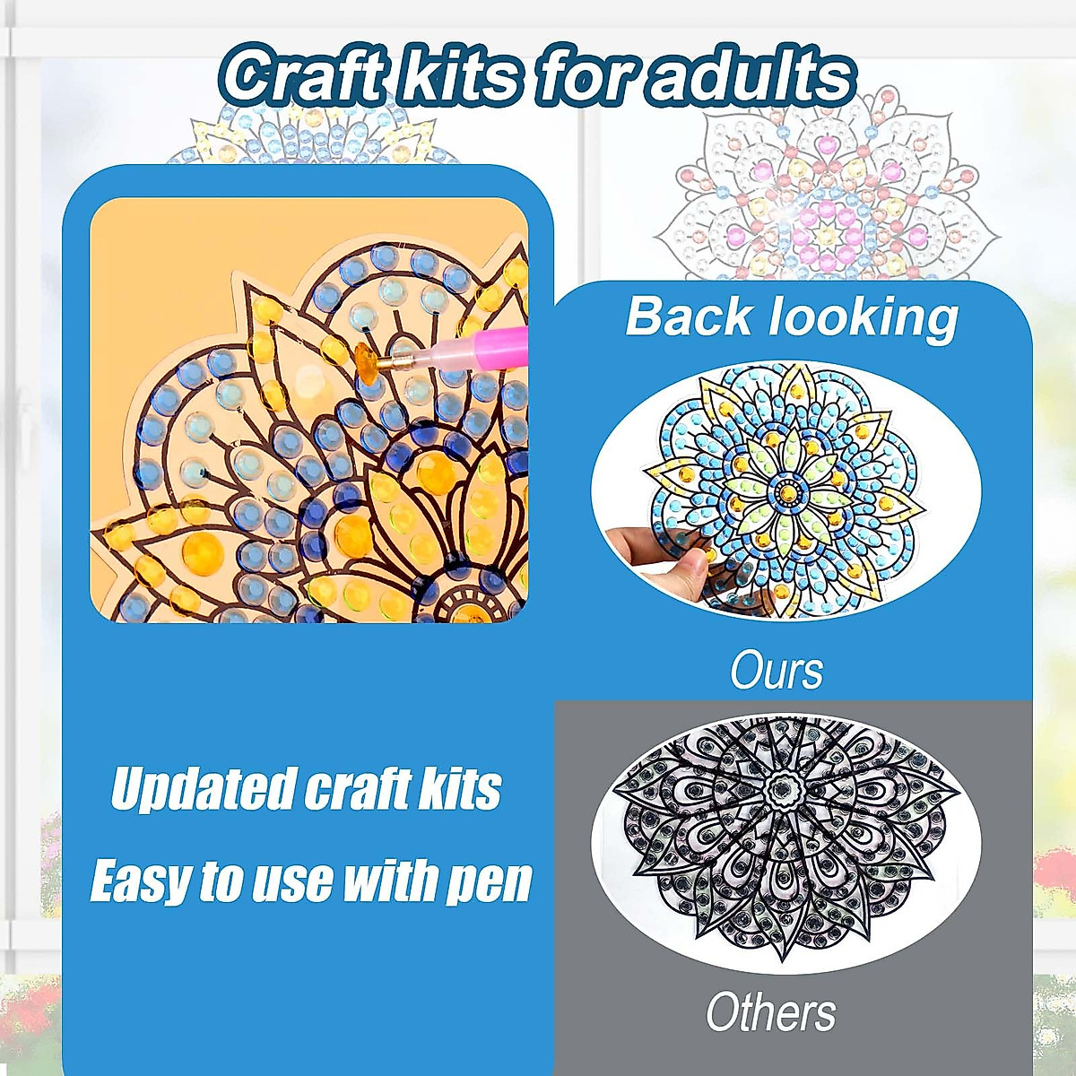BSRESIN Diamond Art Stained Glass Window Clings with Diamond DIY Pen, 3 Pcs Mandala Window Stickers for Suncatchers, Diamond Art Kits for Adults, Diamond Art Accessories