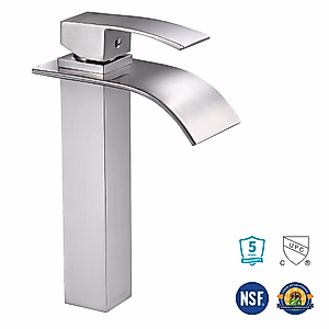 Aquaterior Waterfall Spout Single Handle Bathroom Vessel Sink Faucet with Mixer Tap One Hole Tall Bath RV Faucet Brushed Nickel(CUPC NSF CEC)