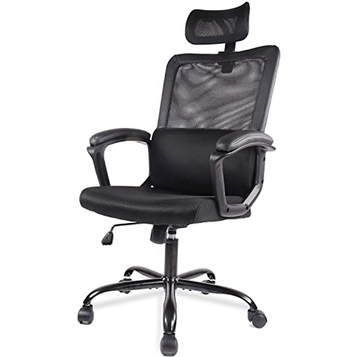 SMUG Ergonomic Mesh High Back Computer Adjustable Headrest,Lumbar Support, Tilt Function,Swivel Rolling, Soft PU Armrest Task Home Office Desk Chairs, Black