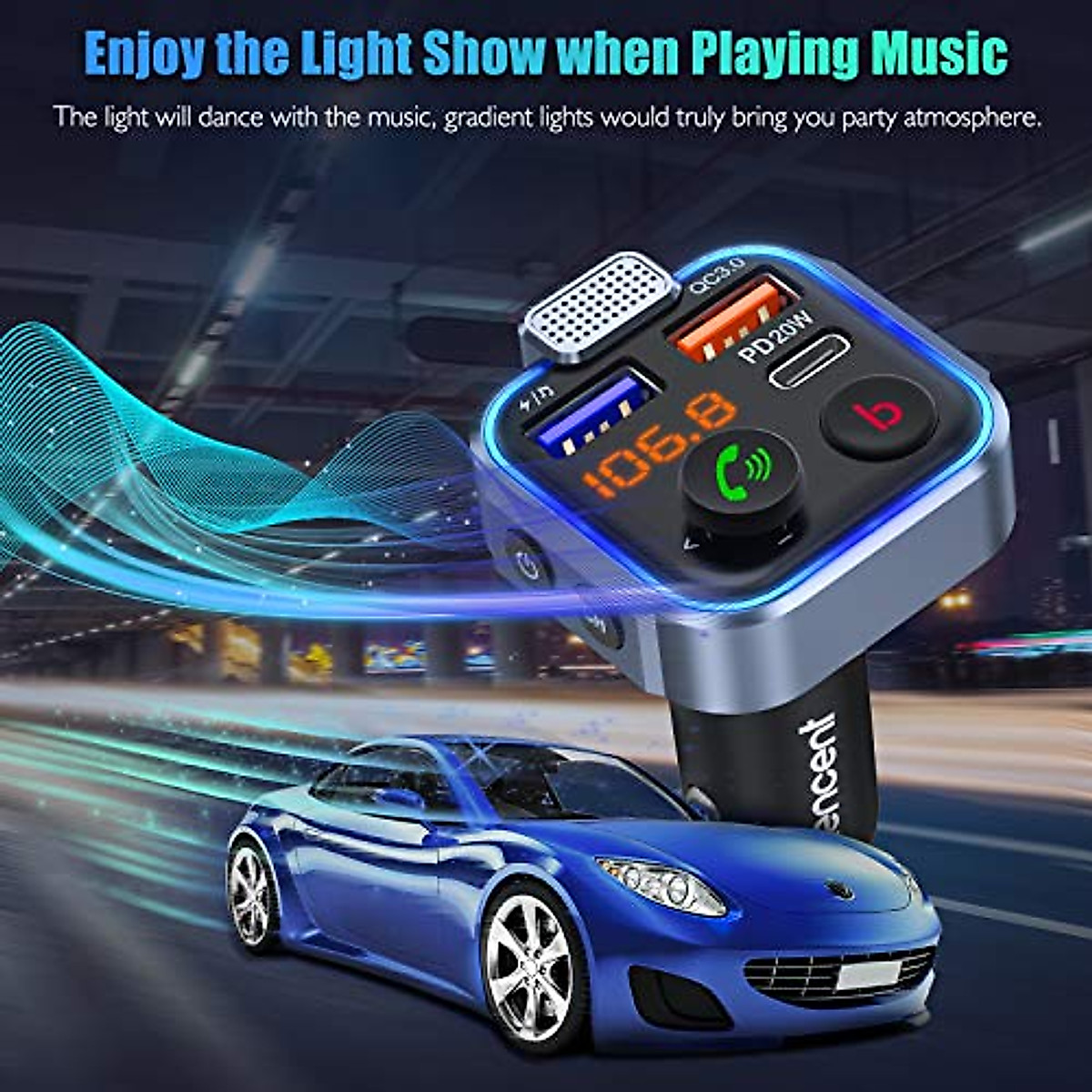 LENCENT FM Transmitter in-Car Adapter,Type-C PD 20W+ QC3.0 Fast USB Charger, Wireless Bluetooth 5.0 Radio Car Kit,Hands Free Calling, Mp3 Player Receiver Hi Fi Bass Support U Disk