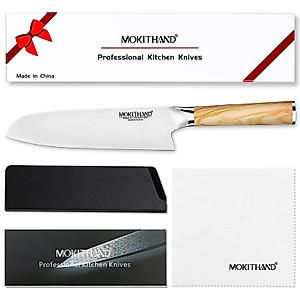 MOKITHAND Santoku Knife 7 Inch Kitchen knife, Super Sharp Japanese Chef Knife with Sheath, German 1.4116 Steel Asian Cooking Knife for Meat Vegetable Fruits, Olive Wood Handle and Gift Box