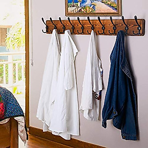 Dseap Coat Rack Wall Mounted - 10 Tri Hooks, 38-1/4" Long, Heavy Duty Wooden Wall Coat Hanger Coat Hook for Clothes Hat Jacket Clothing, Natural & Black