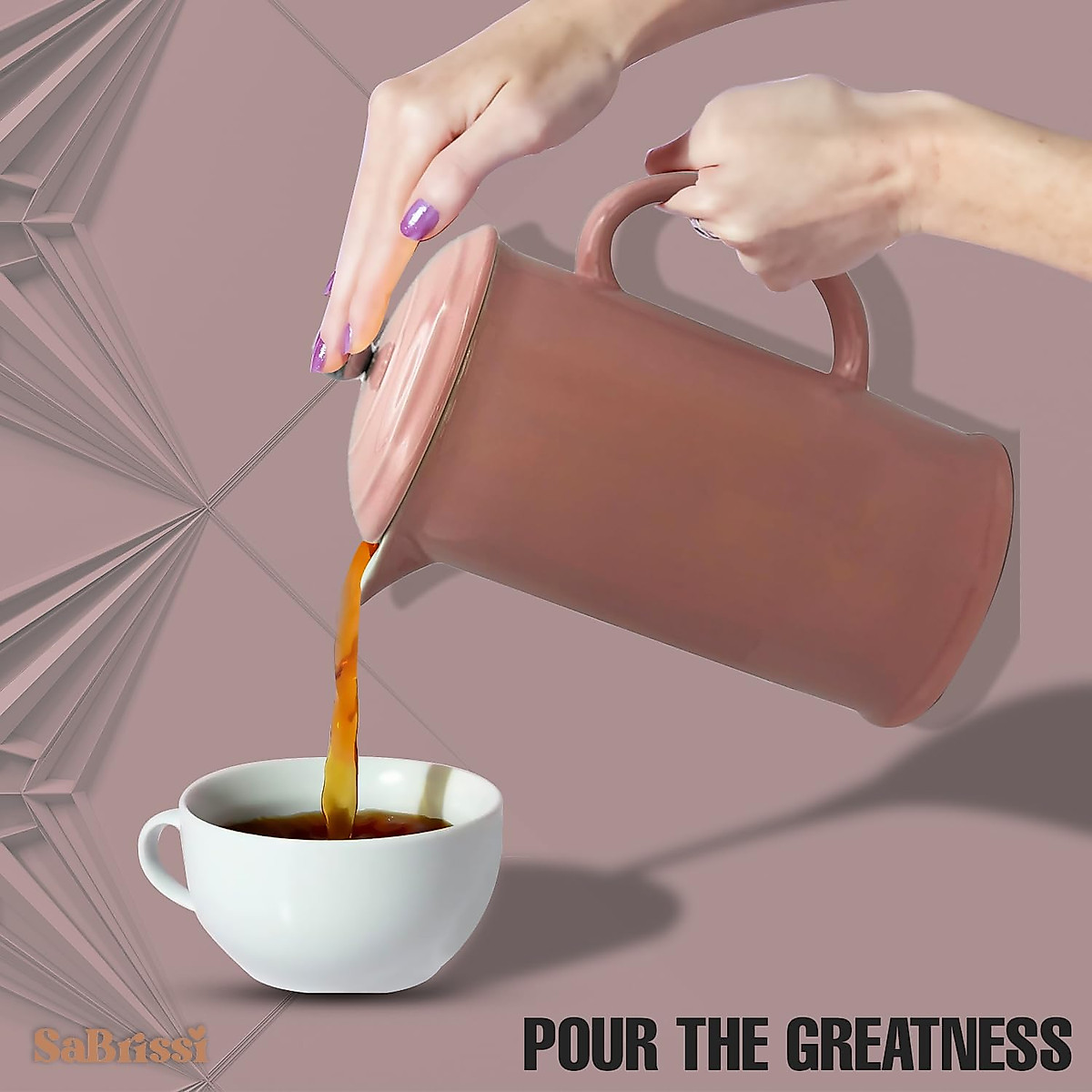 French Press Coffee Maker Stoneware Vintage Cafetiere 34 Ounces Insulated Heat Retention Dishwasher Safe (Pink)