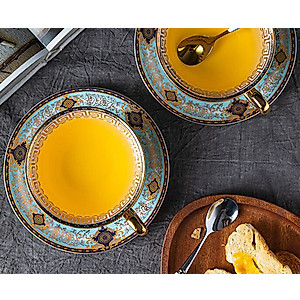 YBK Tech Euro Style Bone China Cup& Saucer Set, Ceramic Tea Coffee Cup for Home Kitchen Wedding (Royal Pattern- Sky Blue)