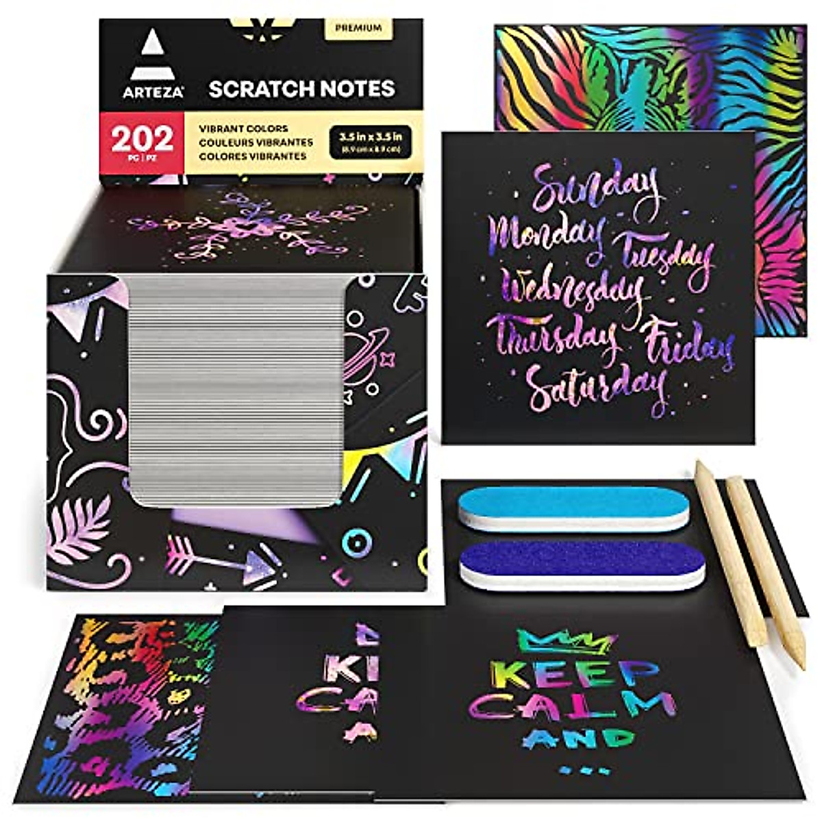 Arteza Scratch Paper, Set of 202 Notes, 3.5 x 3.5 Inches, 200 Rainbow and 2 Gold-Foil Star Backgrounds, Includes 2 Scratchers and 2 Sharpeners, Art Supplies for Craft and DIY Projects
