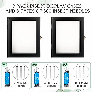 2 Pcs Insect Display Case Collection Shadow Boxes Butterfly Box with Clear Top EVA Foam Pinning Board and 300 Pcs 3 Sizes Insect Pins Insect Pinning Kit for Specimen, 7.87 x 6.3 x 2.05 Inch (Black)