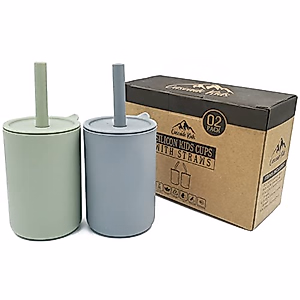 Cascade Kids Silicone Kids Cups with Straws and Lids, (2 Pack),100% Food Grade Silicone,Non Plastic, BPA-Free, Unbreakable, Smell Proof, for Kids and Toddlers 6+ Months, 6oz, (Sage Green, Stone Grey)