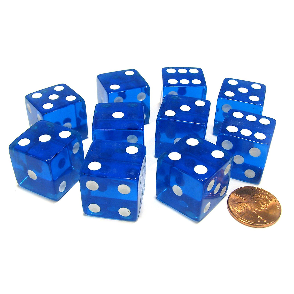 Set of 10 D6 Square Edged 19mm Dice - Transparent Blue with White Pips by Koplow Games