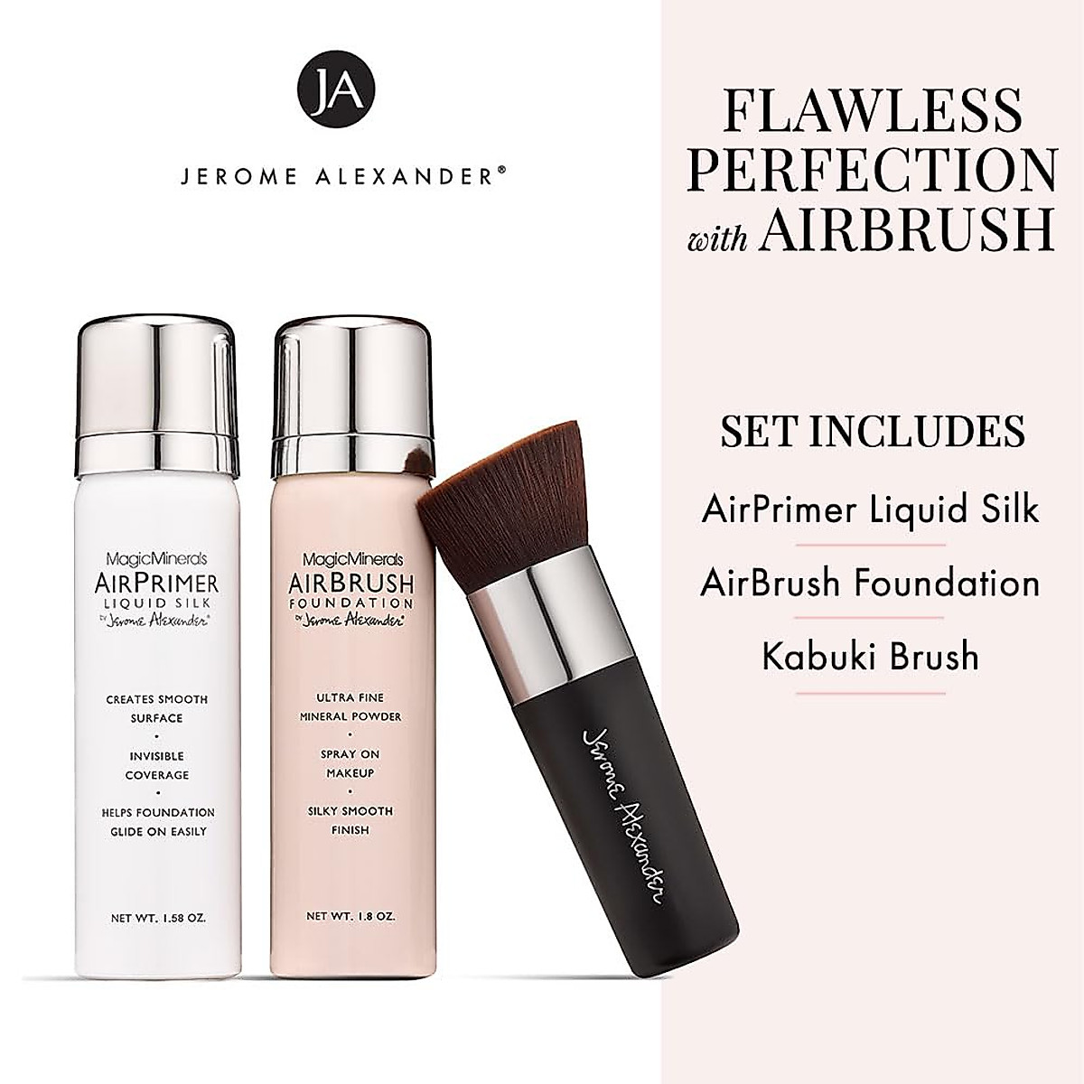MagicMinerals AirBrush Foundation Set by Jerome Alexander (LIGHT MEDIUM) – 3pc Set Includes Primer, Foundation and Kabuki Brush - Spray Makeup with Anti-aging Ingredients for Smooth Radiant Skin