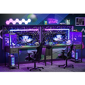 TIQLAB Gaming Desk 40 inch with Power Outlet and LED Light, Computer Desk with Reversible Shelves and Storage Drawer, Small PC Desk for Home Office Table with Bag, Carbon Fiber Black