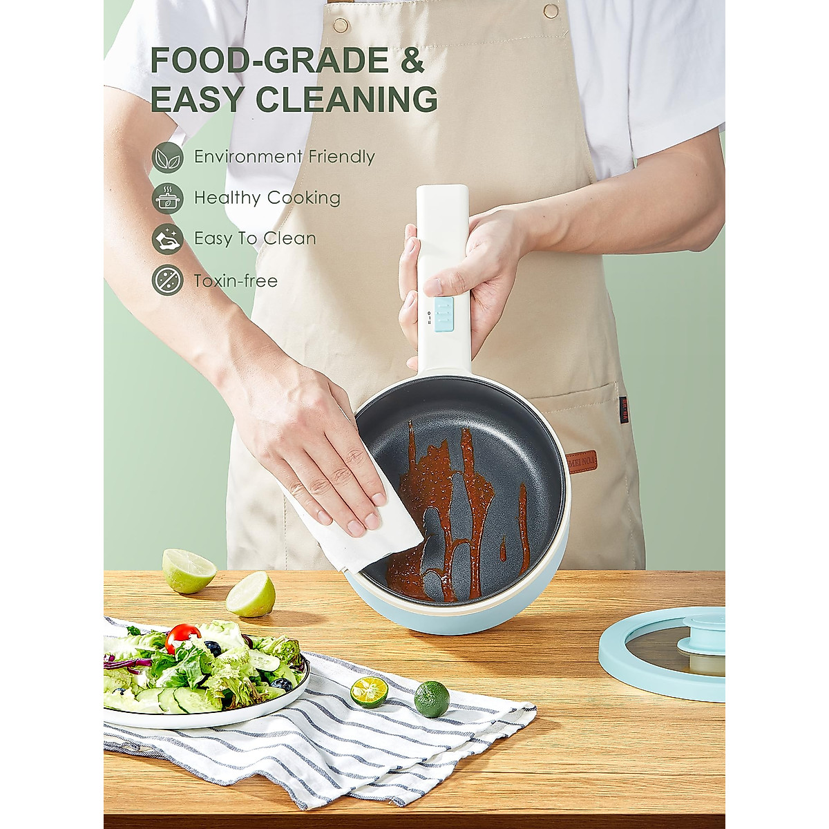 Reemix Hot Pot Electric With Steamer, 1.6L Ramen Cooker Non-Stick Sauté Pan for Steak, Egg, Fried Rice, Ramen, Oatmeal, Soup, Portable Personal Hot Pot Perfect Suit for Dorm Room and Apartment (Aqua)