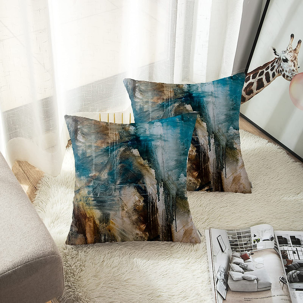 Emvency Set of 2 Throw Pillow Covers Modern Abstract Messy Turquoise Black and Brown Retro Painting Decorative Pillow Cases Home Decor Standard Square 18x18 Inches Pillowcases