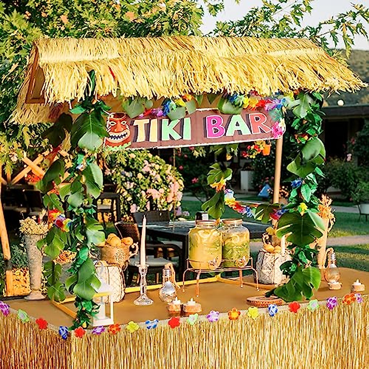 Auihiay 50PCS Tiki Bar Hut Kit, Tiki Hut Decoration Includes Tiki Bar, Banner, Roof, Palm Leaves, Flower Garland and Table Skirt, Great Hawaiian Pool Beach Luau Party Decor Supplies