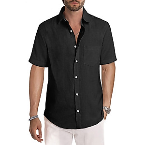 JMIERR Mens Summer Casual Stylish Short Sleeve Button-Up Shirts Cotton Linen Solid Color Business Dress Shirts Beach T Shirt, 2XL, Black