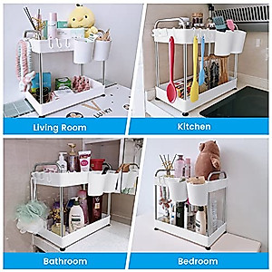 Cosy Life Under Sink Organizers and Storage, Kitchen Cabinet Organizer with 6 Hooks, 2 Hanging Cups and Anti-foot, 2 Tier Under Sink Organizers for Home Bathroom Kitchen