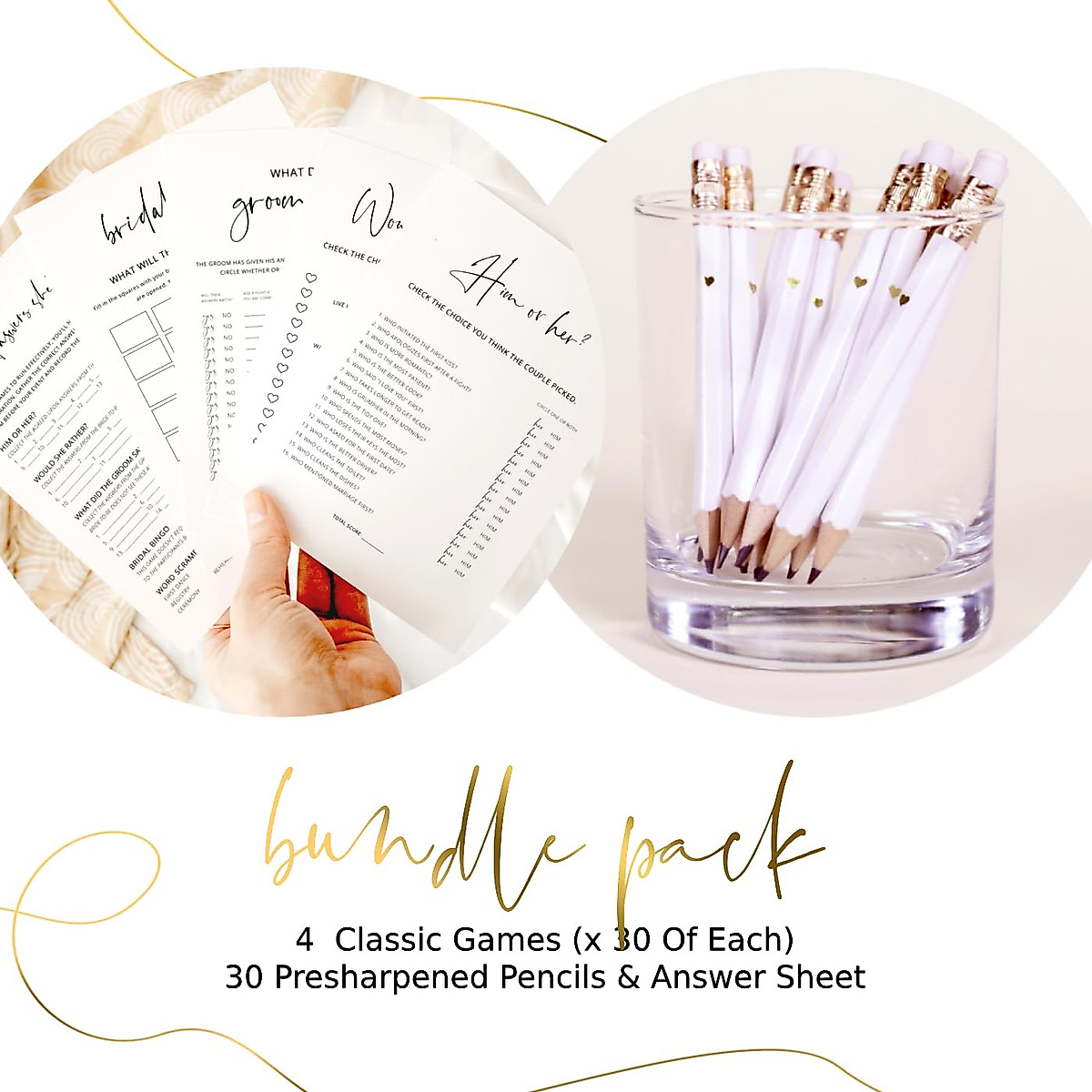 Bridal Shower Games Bundle - 5 Bridal Shower Games for 30 Guests, 30 Bridal Shower Pencils - Double-Sided Cards - Bridal Shower Decorations, Wedding Shower Games - Minimalist