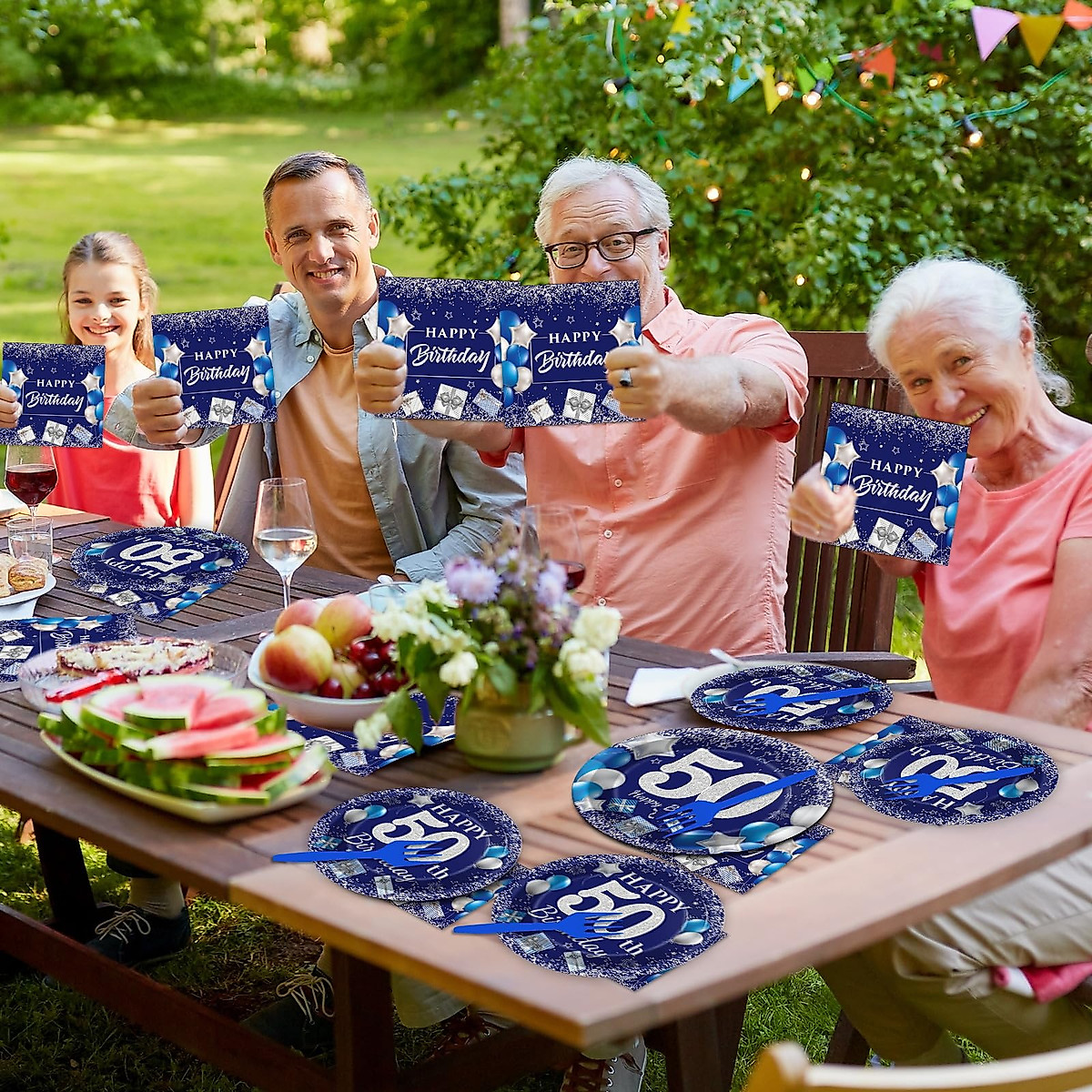 96 Pcs 50th Birthday Party Supplies Navy Blue and Silver Birthday Plates 50th Birthday Paper Tableware Happy Birthday Party Plates and Napkins Forks Blue Birthday Table Decorations for 24 Guests