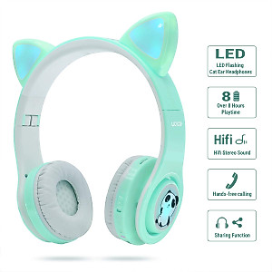 Woice Kids Bluetooth Headphones, Cat Ear LED Light Wireless Foldable Headphones Over Ear with Mic, Music Sharing Function and 0-85dB /110dB Limited for iPhone/iPad/Smartphones/Laptop/PC(Mint)