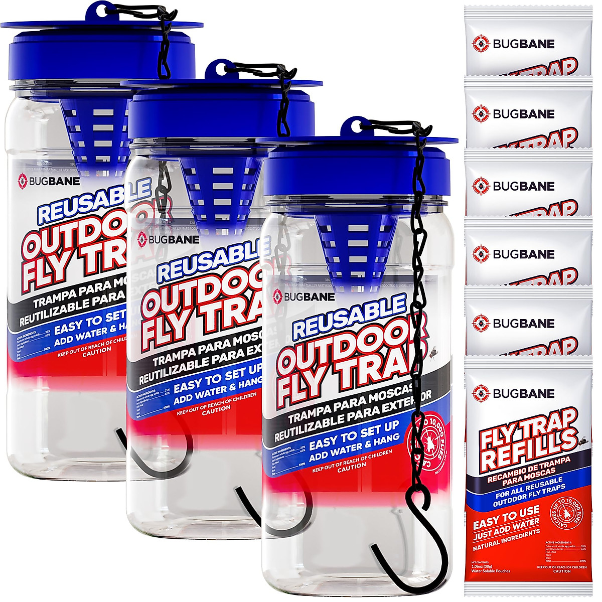 3 Reusable Fly Traps Outdoor Fly Traps with 6 Natural Fly Magnet Bait Refill. Flies Trap Outdoor Reusable Fly Trap Jar Fly Trap Fly Catchers Outdoor Fly Bait Fly Bags Flytraps Stable Fly Trap Bait