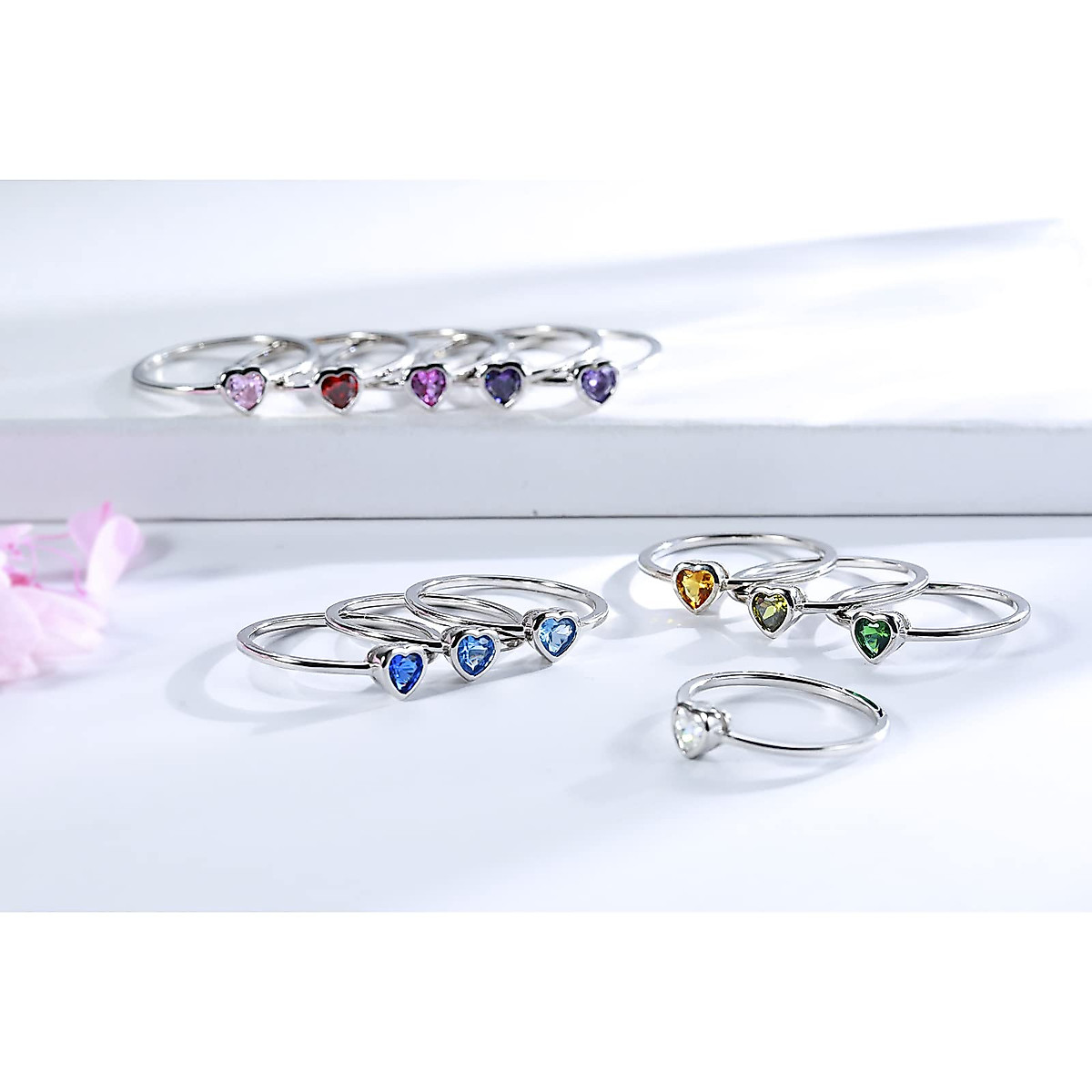 Simple Heart Birthstone Ring for Women 925 Sterling Silver Stackable Promise Ring with Colorful Cubic Zirconia Minimalist Jewelry Gift (March, 6)