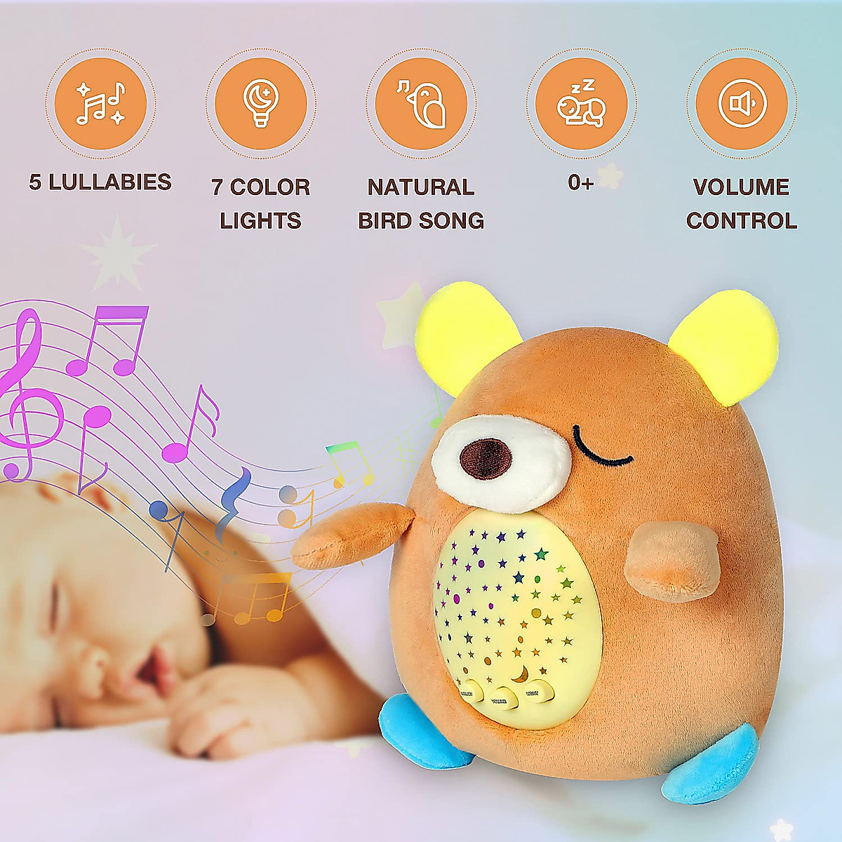 Baby Sleep Soother Happy Bear - Toddler Portable Sound Machine with Night Light Projector - Plush Toy Crib Soother with Music and Lights to Aid Sleep for Newborn