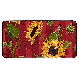 Kuizee Kitchen Rug Kitchen Mat Sunflower Floral Red Stripes Bathroom Rug Hallway Entry Rugs Non Slip Soft Water Absorbent 39×20 Inch