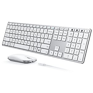 Wireless Bluetooth Keyboard and Mouse Combo (USB + Dual BT), seenda Multi-Device Rechargeable Slim Keyboard and Mouse, Compatible for Win 7/8/10, MacBook Pro/Air, iPad, Tablet - White Silver