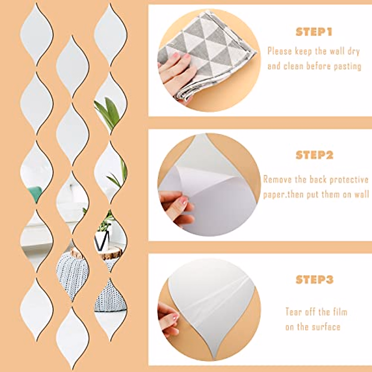 15 Pack Removable Acrylic Mirror Wall Stickers Teardrop Mirror Acrylic Wall Sticker 3D DIY Wall Decals Art for Living Room Bathroom Home Office Classroom, 11.8 x 6.6 Inch (Silver)