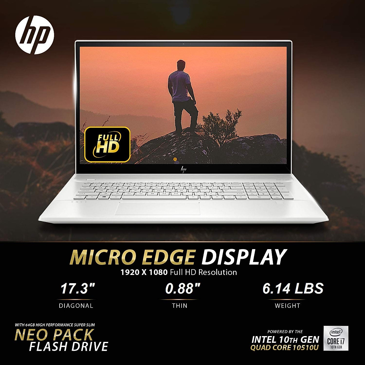 HP Envy 2019,17.3" Full HD Touch, i7-10510U 10th gen Quad CPU,NVIDIA MX250(4GB), 1TB SSD NVME,16GB DDR4 2666 RAM,Win 10 Pro, Neopack 64GB Flash Drive, B&O Speakers, Premium Wty, No DVD RW