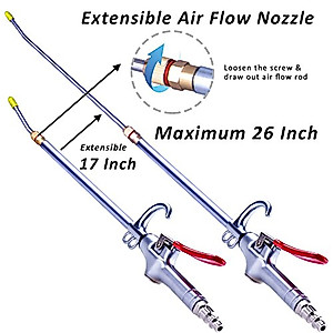 High Volume Powerful Industrial Air Blow Gun, 17-26 Inch Extensible Stainless Steel Air Flow Nozzle, Pneumatic Air Compressor Accessories Tool, Extended Dust Air Blower Gun with 360 Degree Swivel Hook