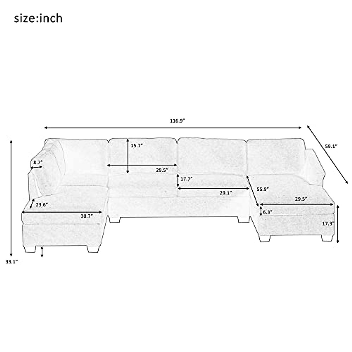 MOEO Large U-Shape Sectional Sofa, Double Extra Wide Chaise Lounge Couch, Birch Wood Legs Sponge, for Living Room Apartment, Office, Beige
