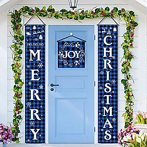 3 Piece Merry Christmas Porch Signs Christmas Buffalo Plaid Porch Banner Xmas Party Front Door Sign Joy Christmas Hanging Decors for Holiday Home Indoor Outdoor Christmas Party Favor (Blue and Black)