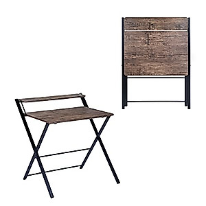 FurnitureR 31.9'' Folding 2 Tier Foldable Assembly Saves Space for Home Office Study, Metal Frames/Wood Top Laptop Table, Brown Computer Desk
