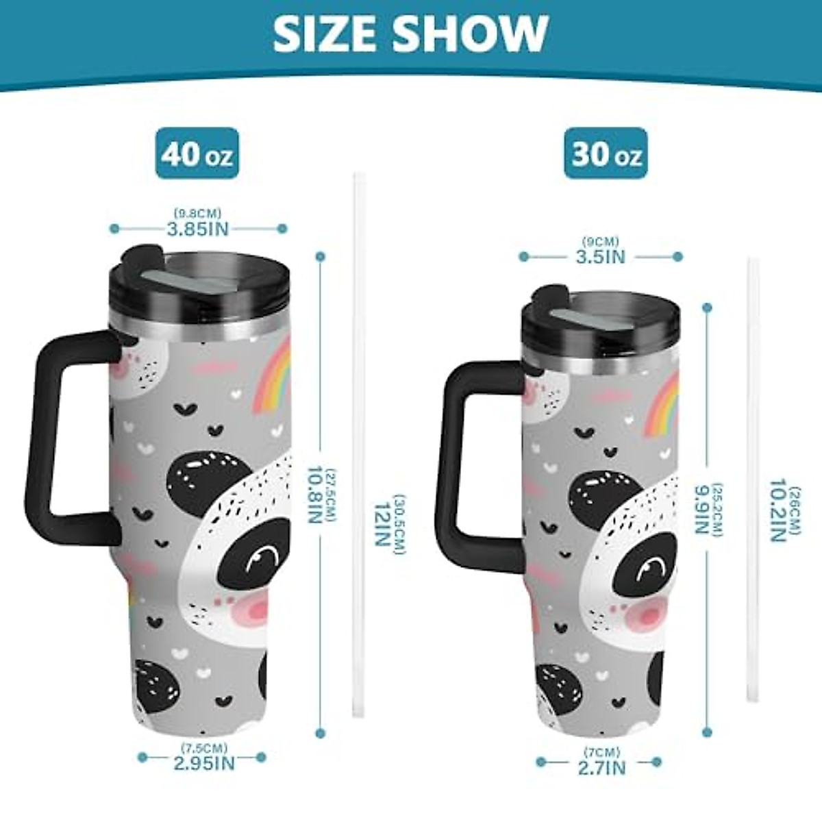 FRCSDIY Rainbow Panda Insulated Tumbler with Handle and Straw Lid,30oz Leakproof Stainless Steel Cup BPA-Free Water Bottle
