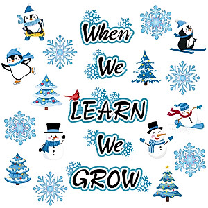 58 Pcs Winter Cutouts Classroom Bulletin Board Decoration Snowflake Snowman Penguin Christmas Tree Cut Outs When We Learn We Grow Positive Paper Cut Outs for Kids Classroom School Office Home Nursery