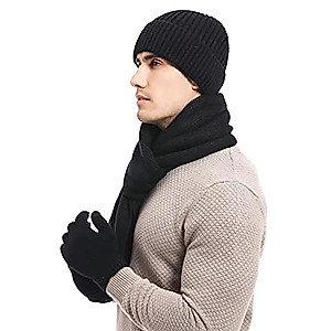 Maleroads Mens Beanie Scarf Gloves Set Knit Winter Fleece Lining Thick Hat Shawl For Women