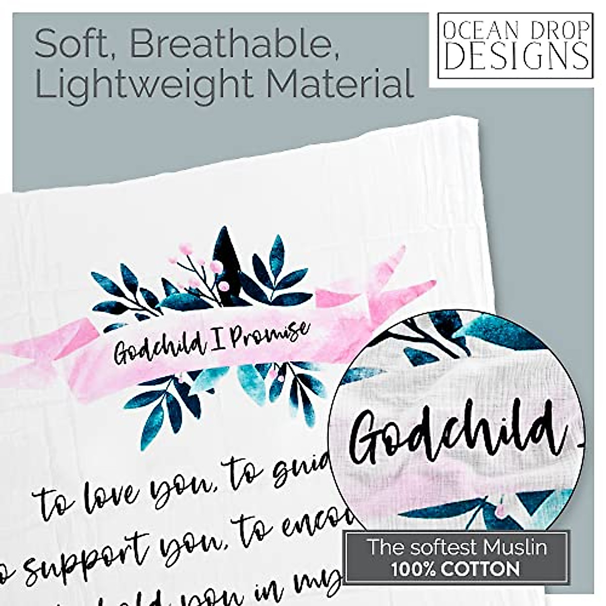 Ocean Drop Designs 100% Cotton Baby Blanket - Muslin Swaddle Blankets, Baby Swaddle, Newborn Swaddle, Receiving Blankets, Gender Neutral Baby Gift, Christian Baby Gifts, Baptism Gifts for Boys & Girls