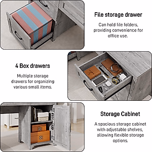 Farmhouse 61'' Executive Desk with 5 Drawers, Rustic Office Desk Computer Desk with Charging Station, File Drawers and Storage Cabinet, Wood Workstation for Home Office and Study, Gray