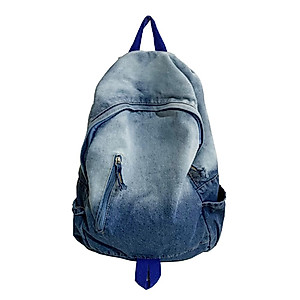 ASNAT Aesthetic Denim Washed Backpack Large Capacity Japanese Fashion Tie Dye Bag (Blue)