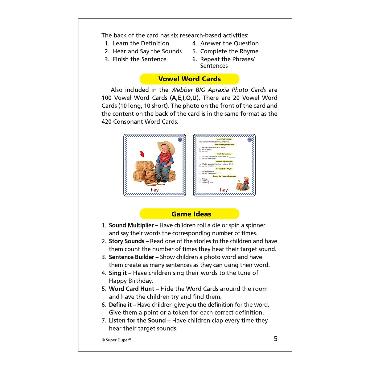Super Duper Publications | Webber® Big Apraxia Photo Cards | Organized Words by Syllable for Ease of Speech Production | Vowels and Consonants | Basic Syllable Shapes | Activities with Instructions