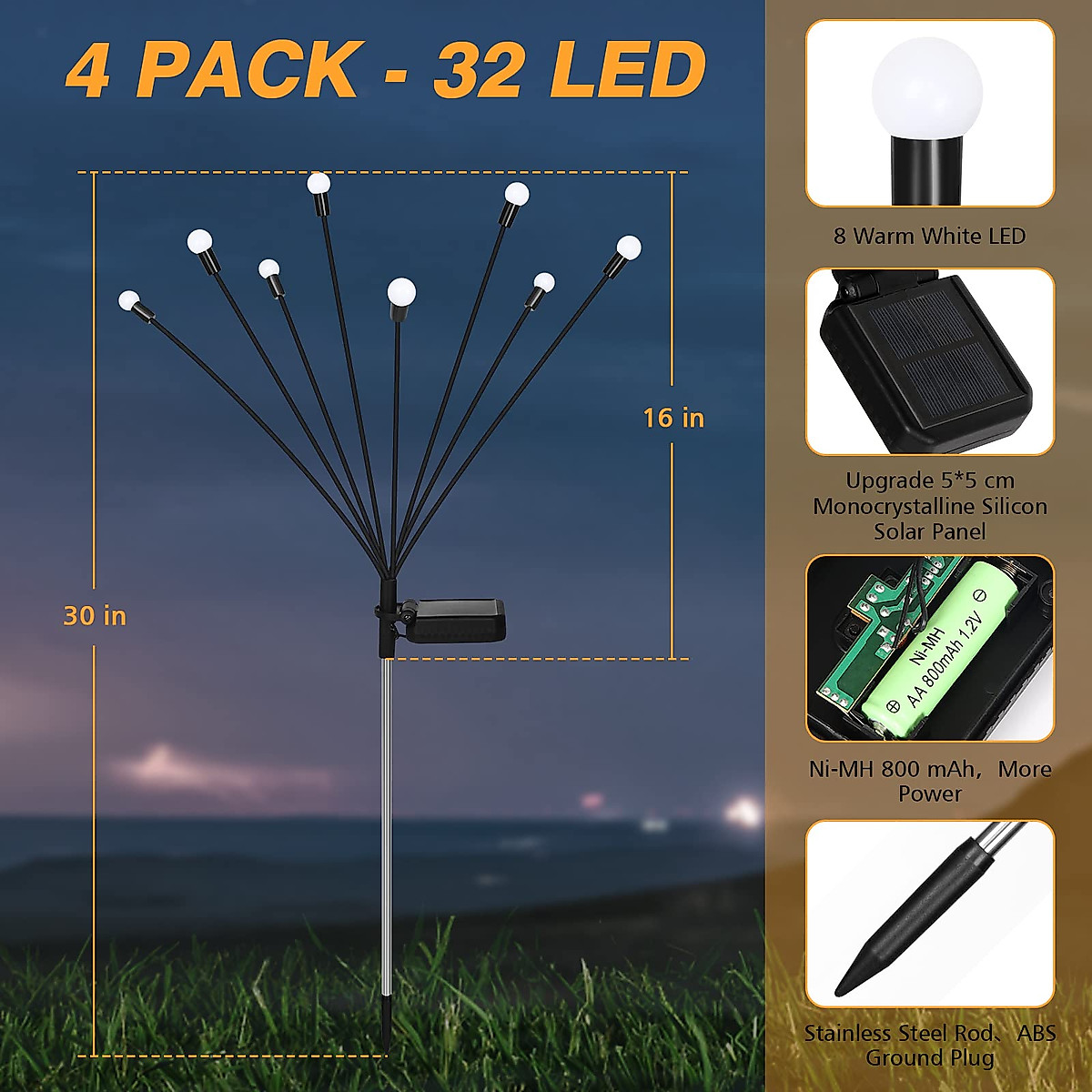 Streamlet Solar Garden Lights, 4 Pack New Upgraded 8 LED Solar Lights for Outside, Solar Powered Firefly Lights, Solar Outdoor Lights Waterproof for Pathway Patio Yard Decor, Warm White